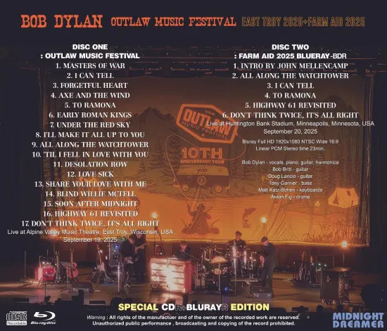 BOB DYLAN - OUTLAW MUSIC FESTIVAL : EAST TROY 2025 + FARM AID 2025 (1C ...
